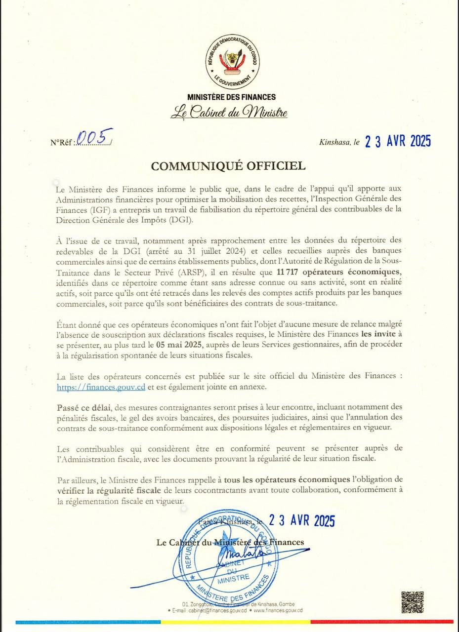 COMMUNIQUE OFFICIEL N°005. CABINET DU MINISTRE DES FINANCES | Ministère des Finances